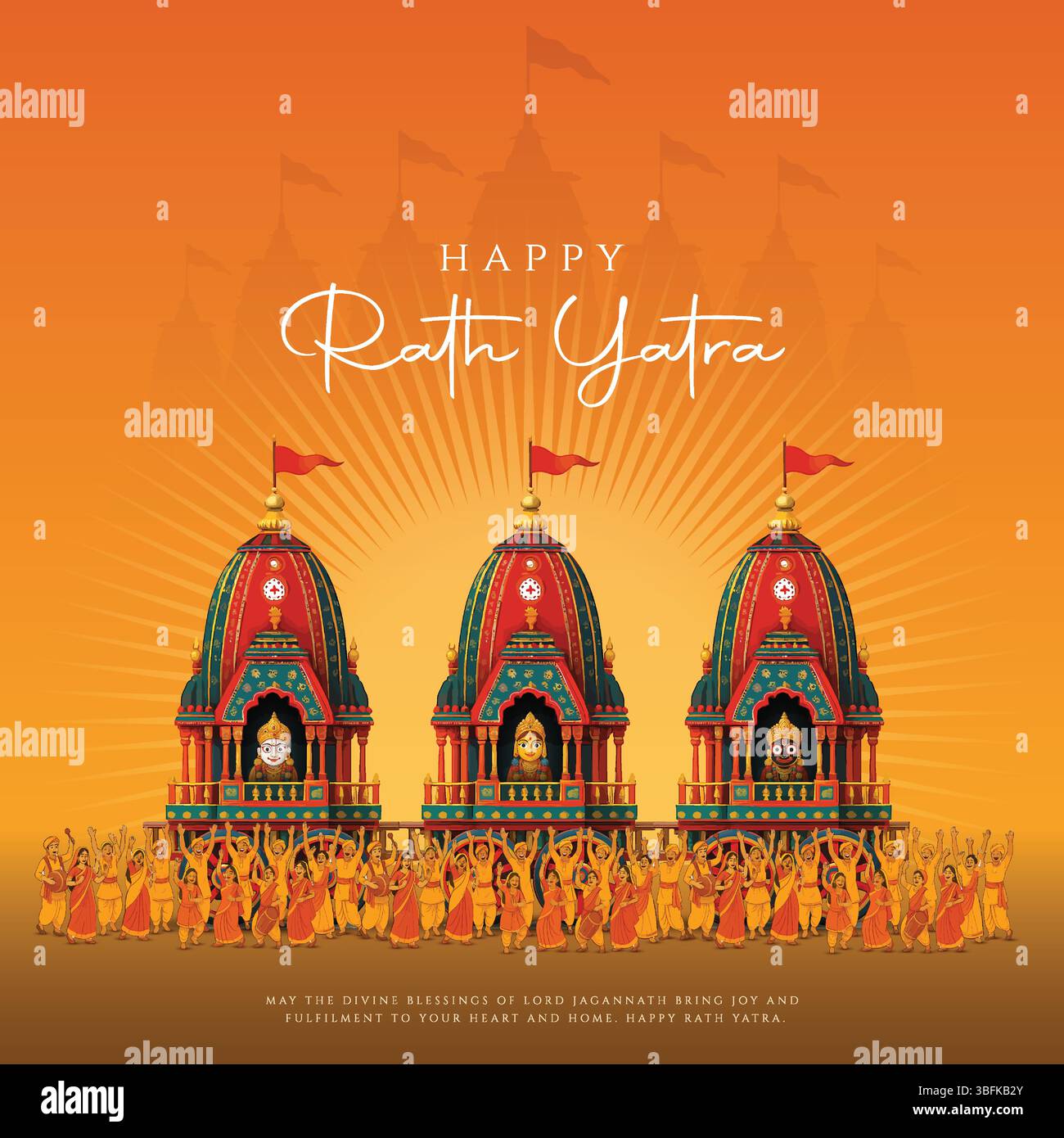 Indian festival Ratha Yatra of Lord Jagannath, Balabhadra and Subhadra on Chariot with people ...