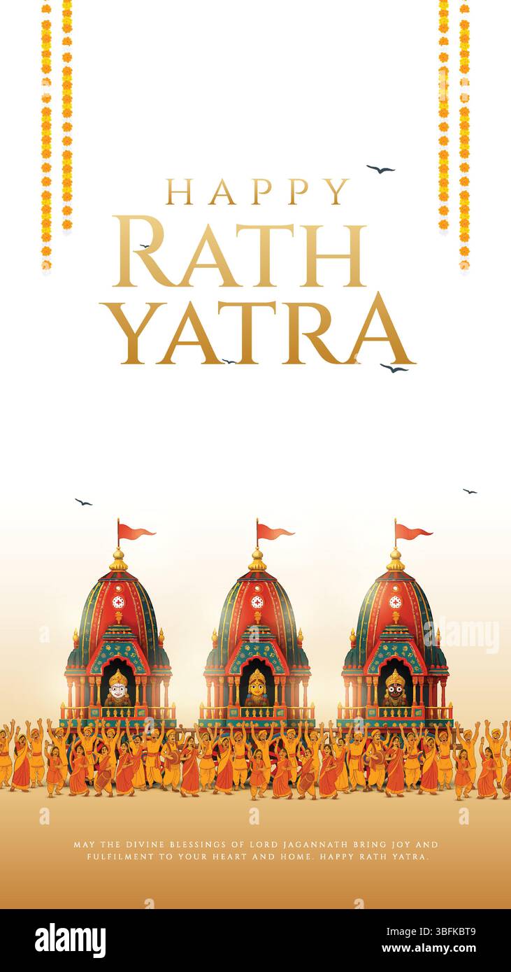 Indian festival Ratha Yatra of Lord Jagannath, Balabhadra and Subhadra on Chariot with people ...