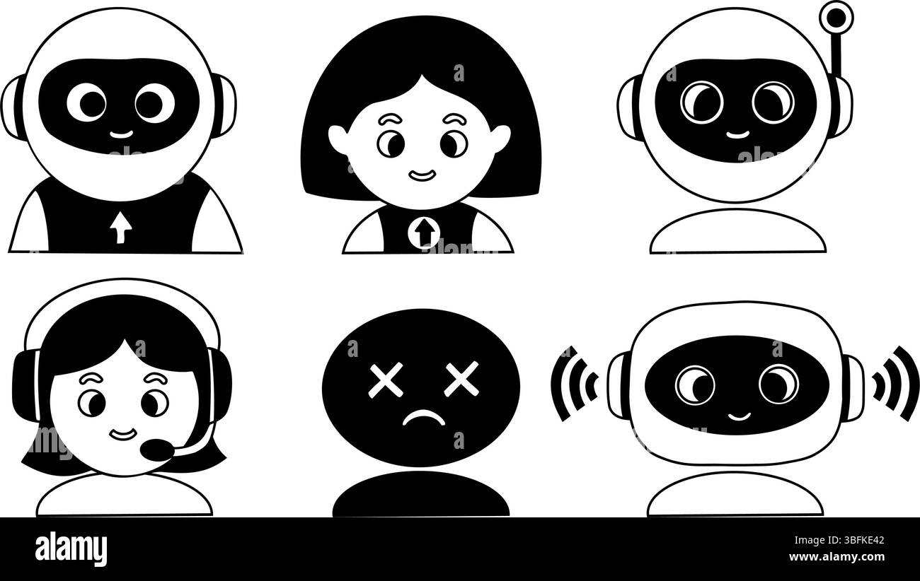 Chatbot, AI faces, robot and Human Emotion Avatar hand drawing. Vector ...