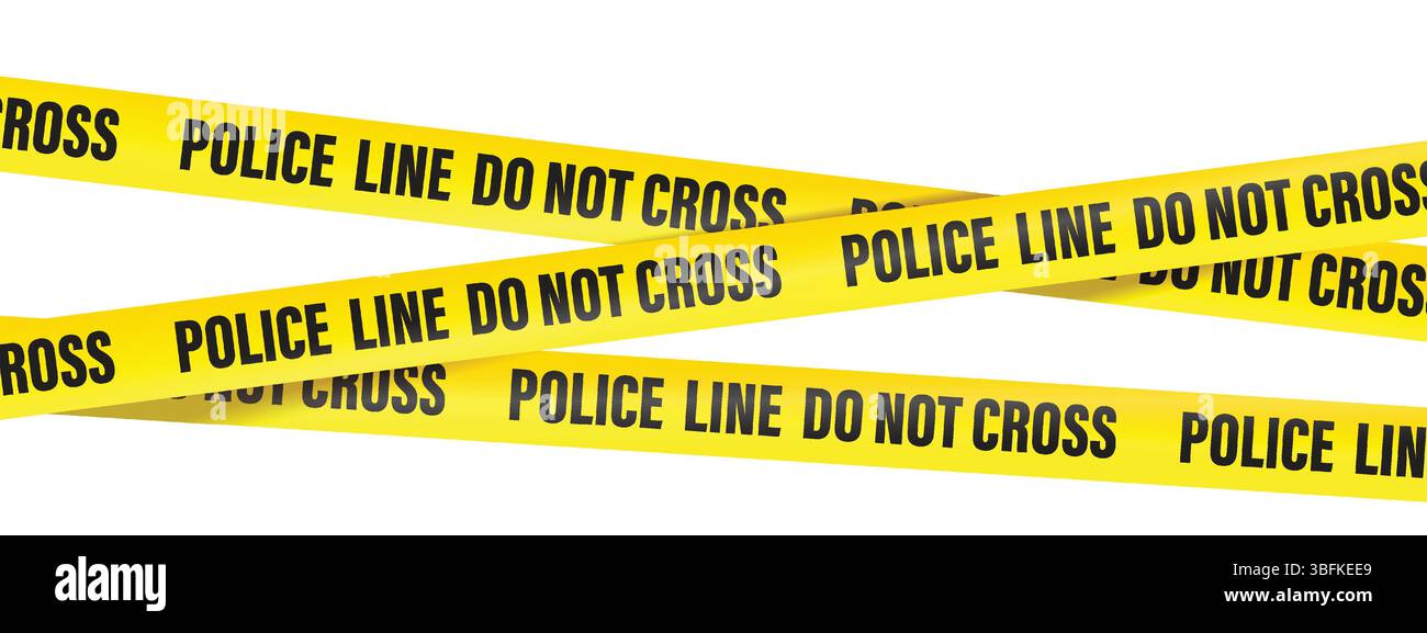 Police line do not cross, text on the yellow tape on white, black and ...