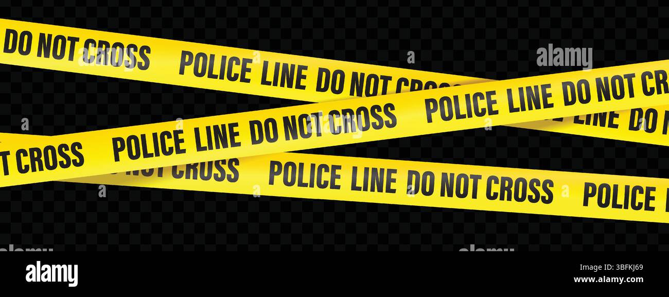 Police line do not cross, text on the yellow tape on white, black and ...