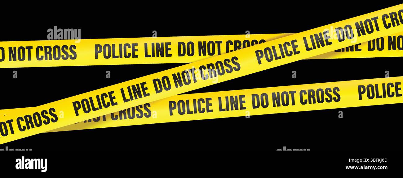 Police line do not cross, text on the yellow tape on white, black and ...