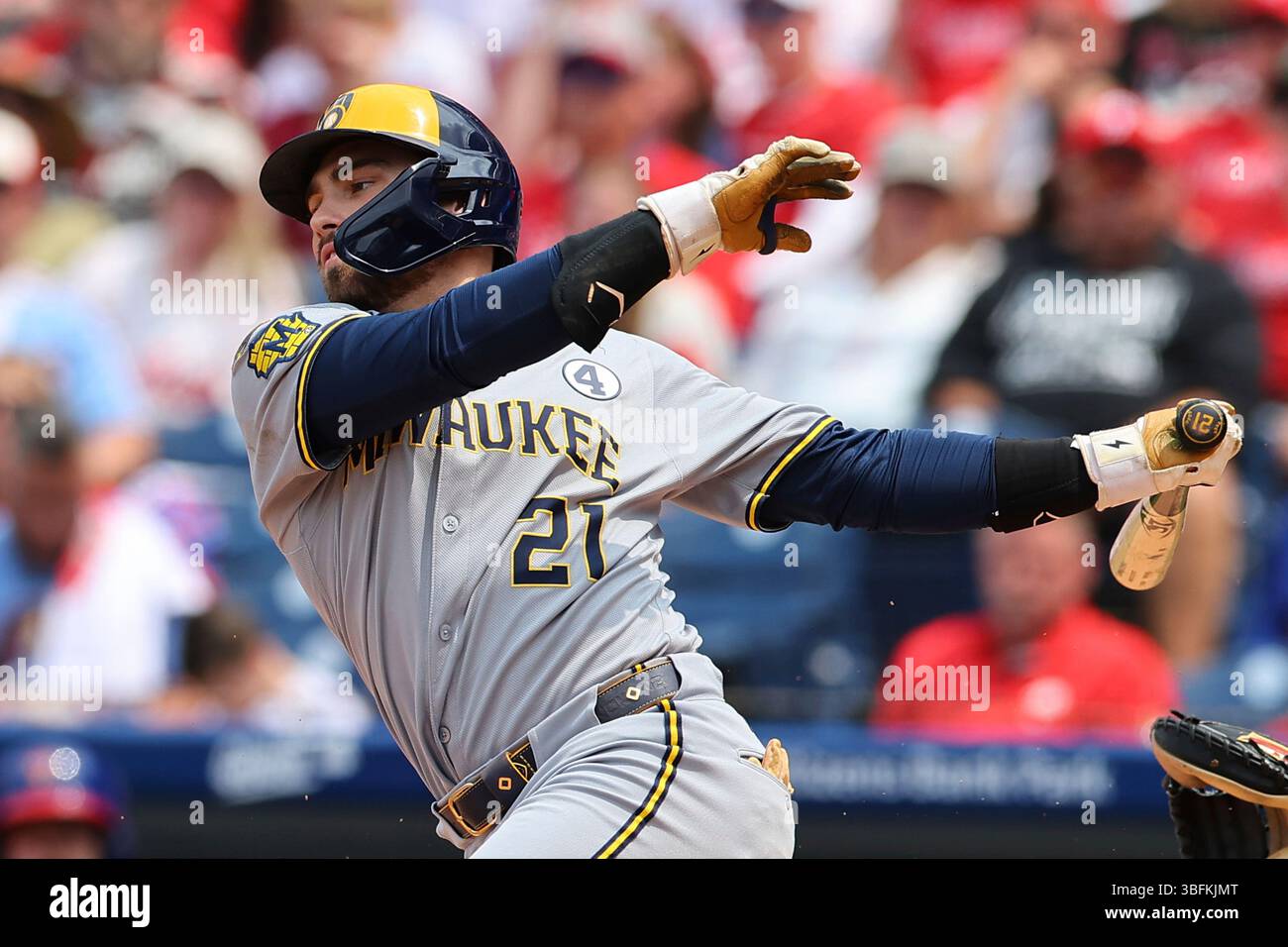 PHILADELPHIA, PA - JUNE 01: Caleb Durbin #21 of the Milwaukee Brewers ...
