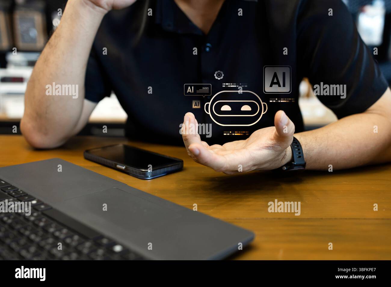 Businessman holding digital chatbot icon with AI interface ...
