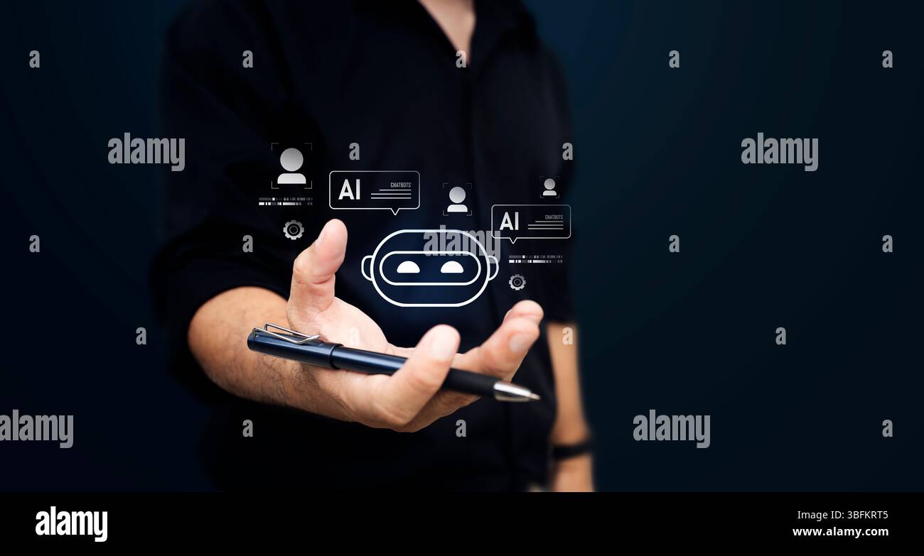 Businessman holding digital chatbot icon with AI interface ...