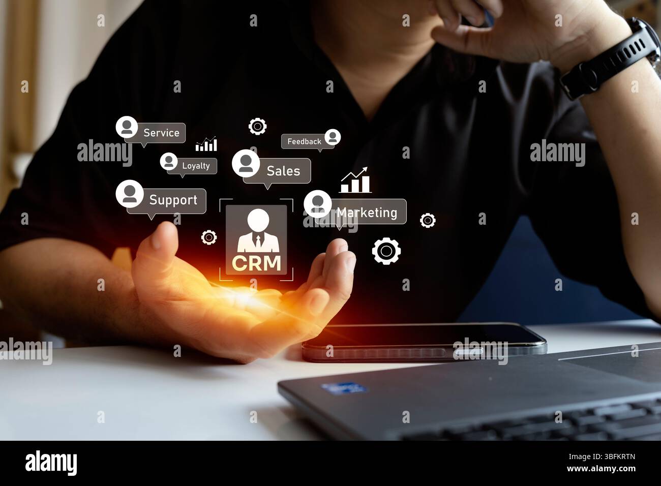 Close-up of hand interacting with CRM interface icons for sales ...