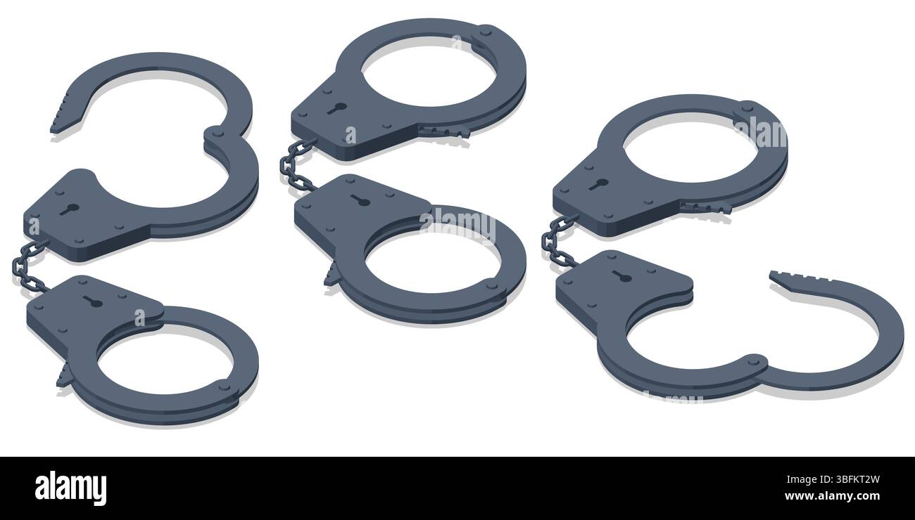 Isometric set of Police handcuffs isolated on white. Handcuffs on an ...