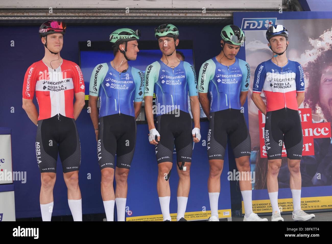 Laval, France. 01st June, 2025. Team Decathlon AG2R La Mondiale the Stage 3 of the Boucles de la ...