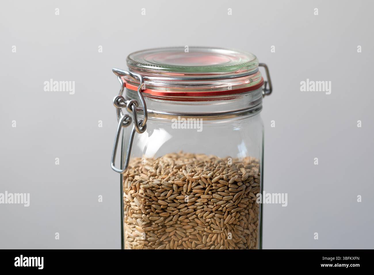 Top section of sealed glass jar with visible red rubber ring, filled ...