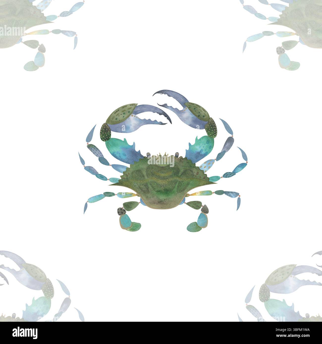 Seamless blue crab pattern on white background. Hand-painted watercolor ...