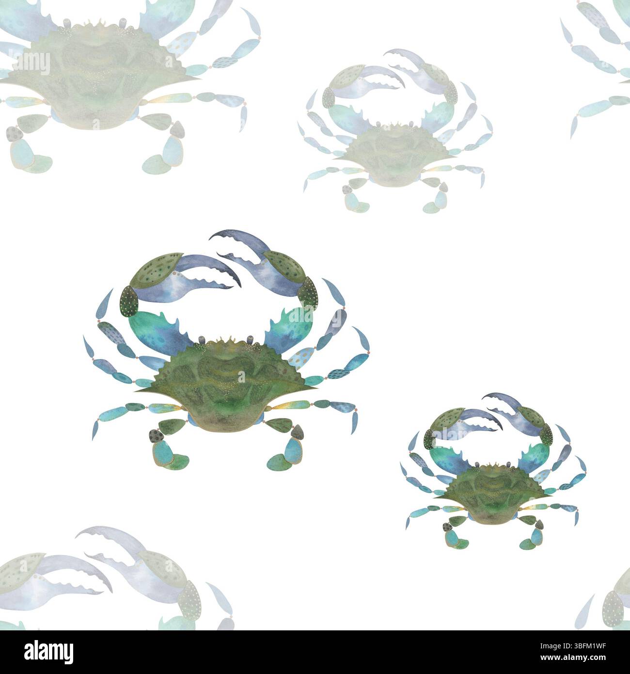 Blue crab seamless pattern on white background. Underwater marine life ...