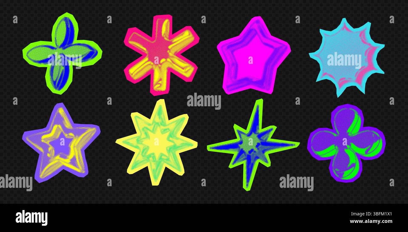 Y2k 3d punk neon colors light chrome halftone stars shape retro ...