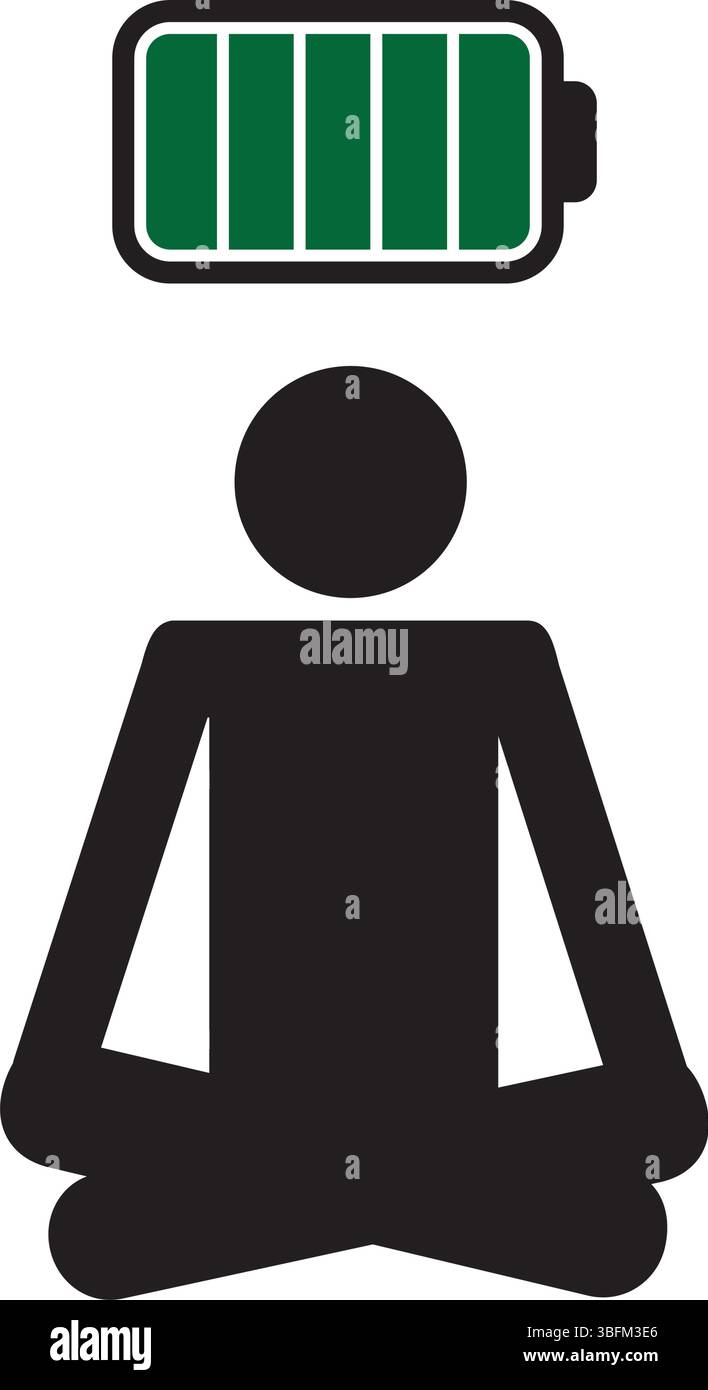 meditating person with fully charged battery pictogram isolated vector ...