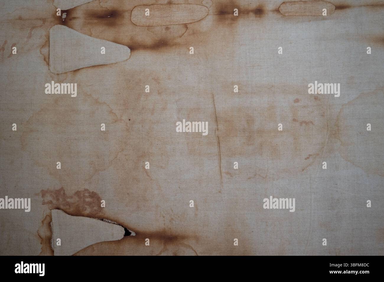 Close up detail of a copy of the Shroud of Turin on display at the St ...