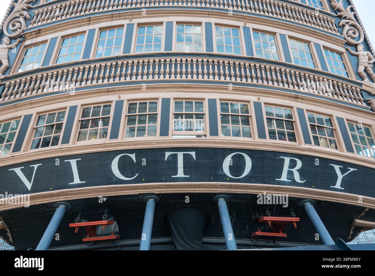 Stern of HMS Victory showing the name plate below the Captain's ...