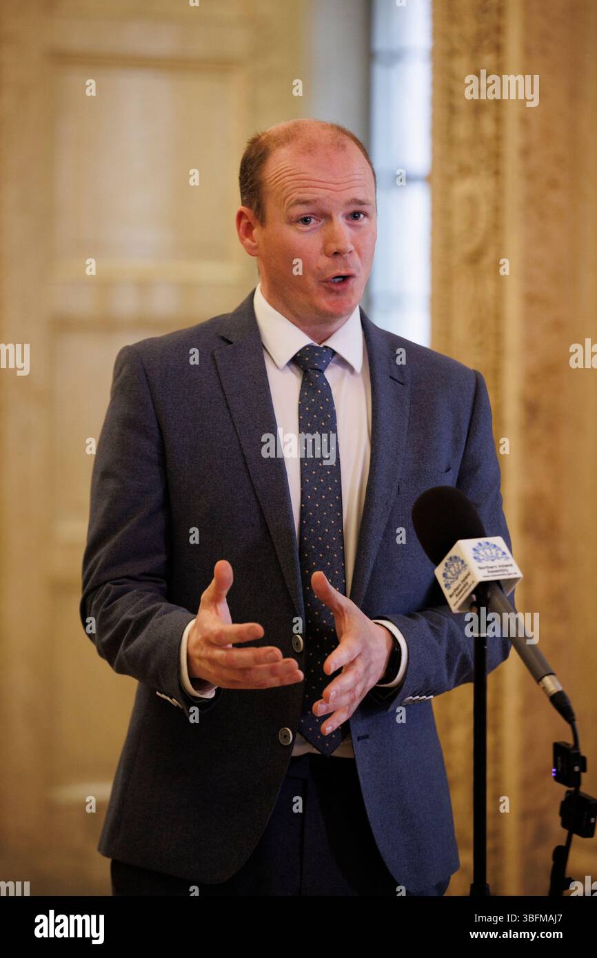 Communities Minister Gordon Lyons during a press conference at ...