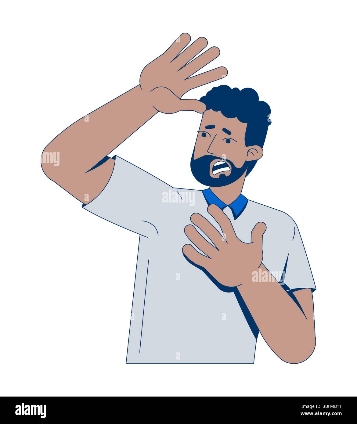Frightened black man with beard shielding face with hand 2D cartoon ...