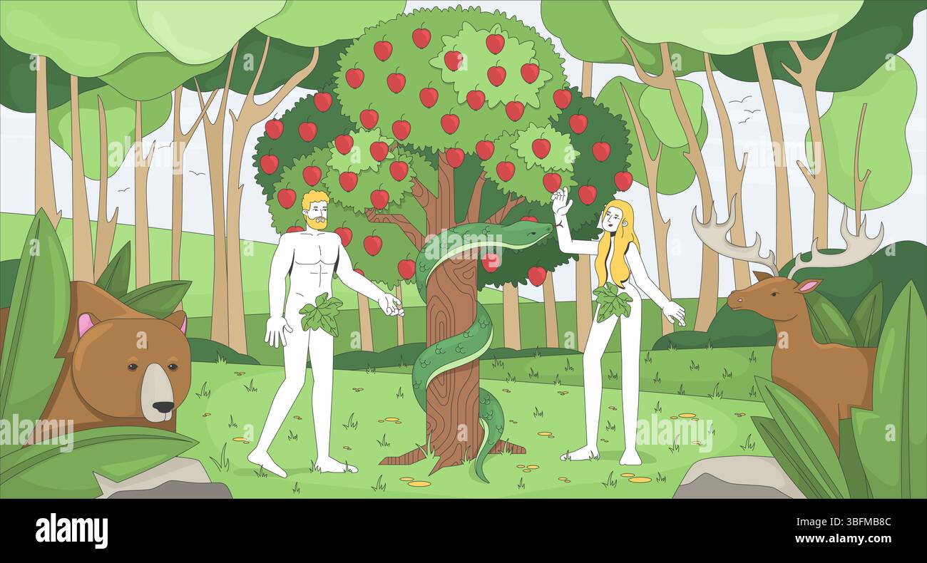 Adam and Eve in Eden garden near good evil knowledge tree flat illustration Stock Vector Image ...