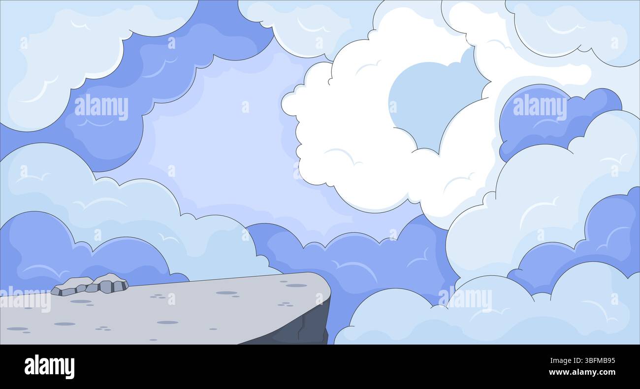 Rocky cliff edge against sky with heavenly fluffy clouds flat ...