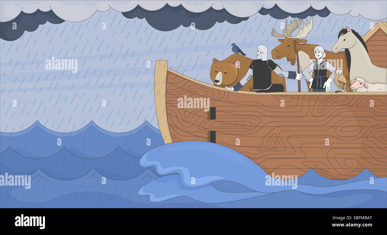 Noah ark sailing through storm with animals flat illustration Stock Vector Image & Art - Alamy