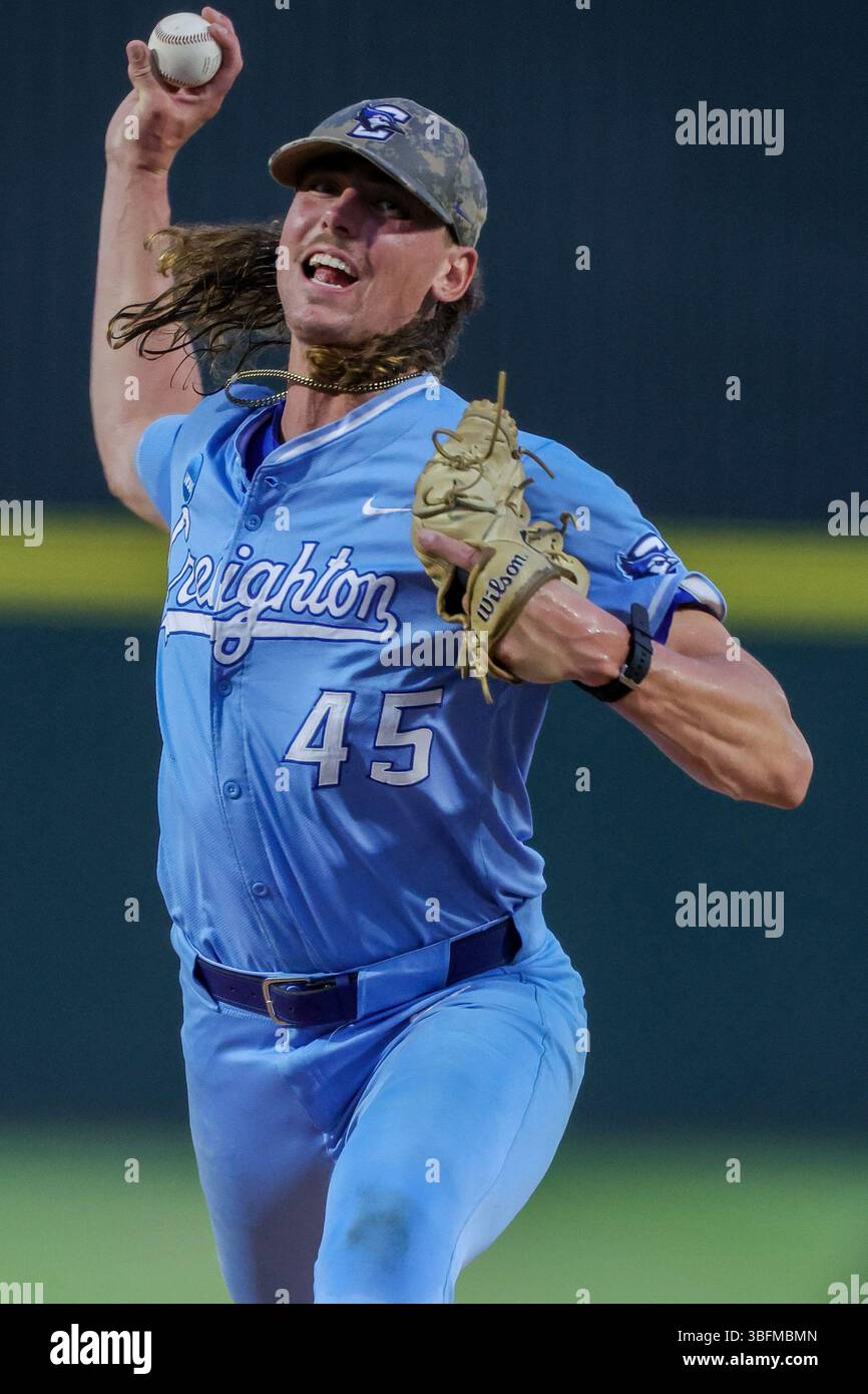 June 1, 2025: Garrett Langrell (45) Creighton pitcher prepares to make ...