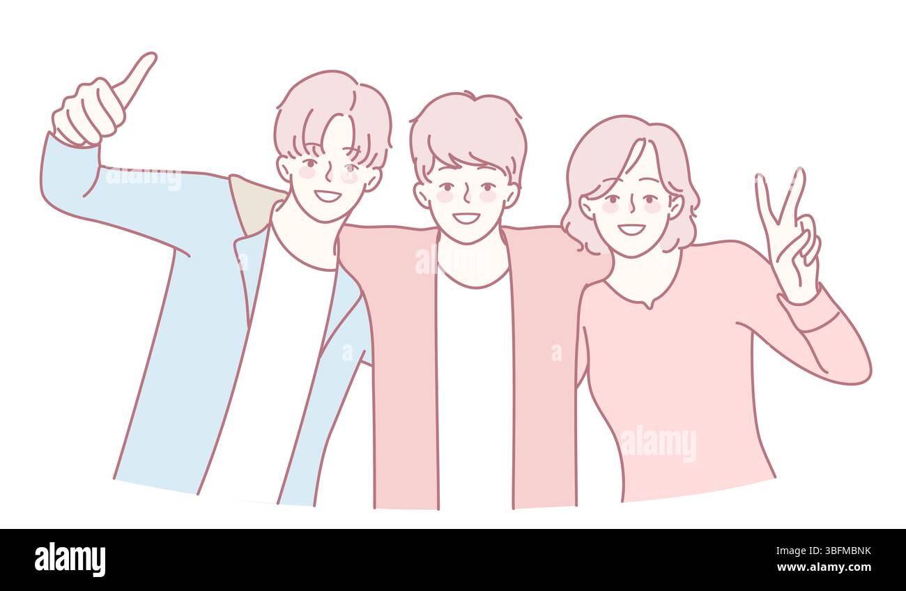 A colorful illustration shows three friends joyfully posing together ...