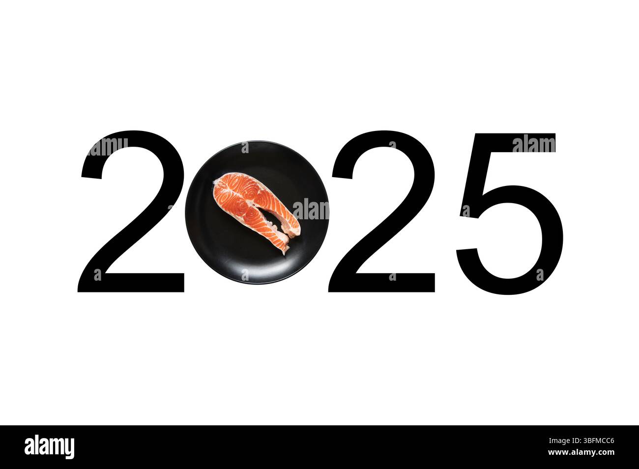 Number 2025 with a plate and salmon instead of zero, fish year, red ...