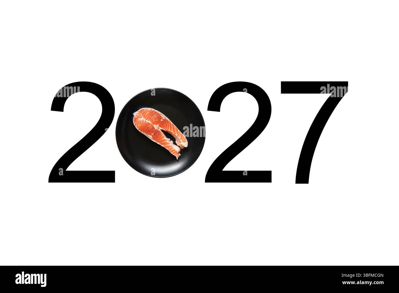Number 2027 with a plate and salmon instead of zero, fish year, red fish Stock Photo - Alamy