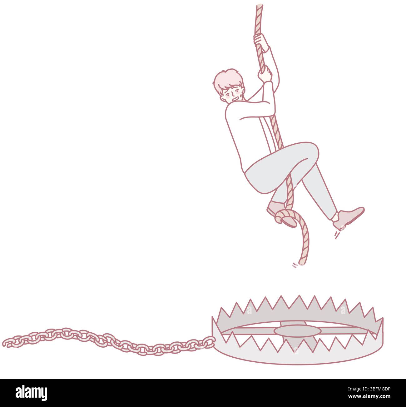 A figure climbs a rope while avoiding a bear trap below, symbolizing ...