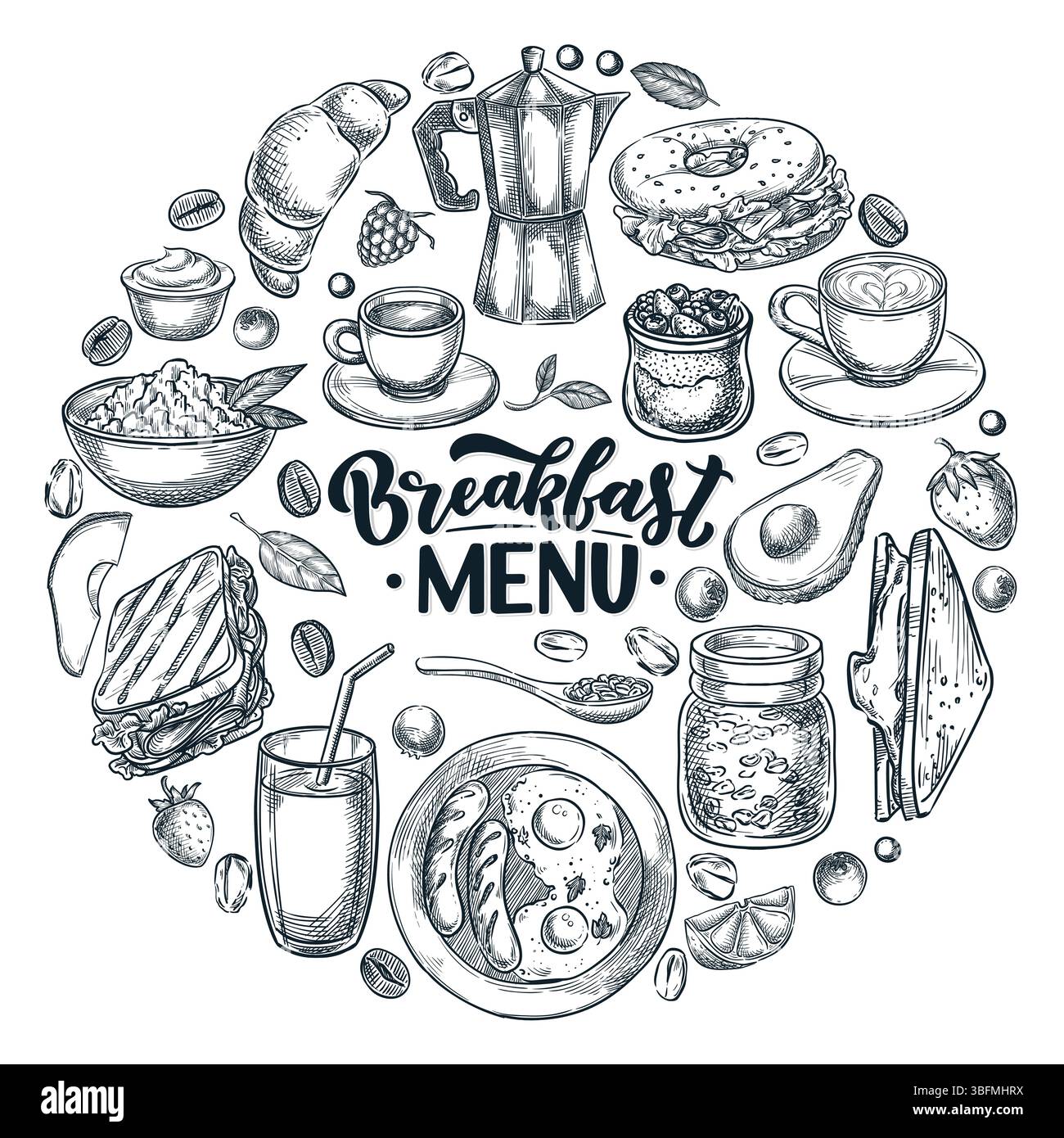 Breakfast menu concept. Vector hand drawn sketch illustration of ...