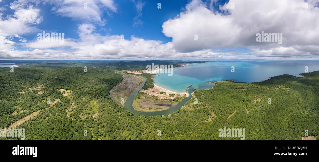 Aerial view of the Ropotamo river mouth in Bulgaria, where the river ...