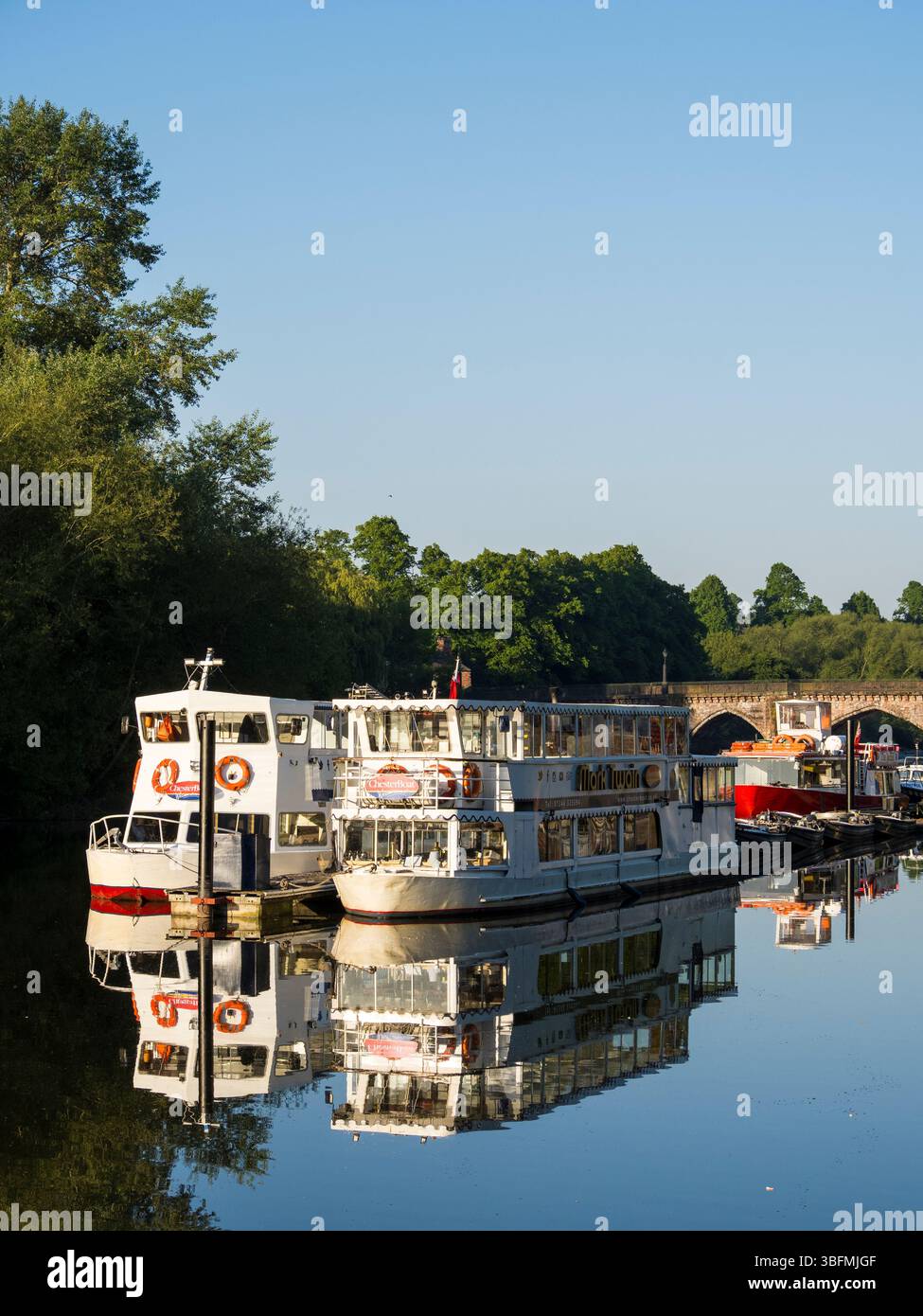 Dawn, Pleasure Boats on the River Dee, with Old Dee Bridge, Chester ...