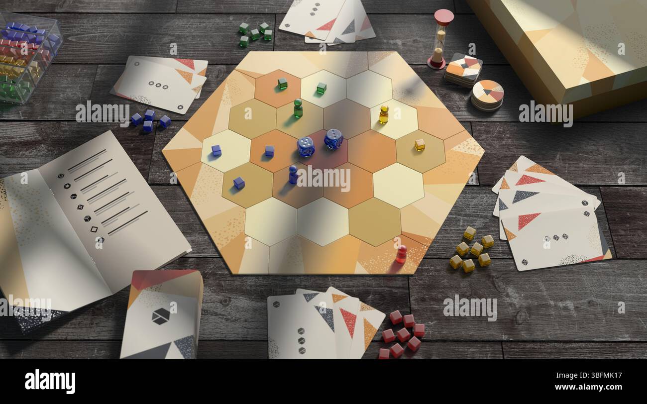 Colored board game field with chips, dice and cards mockup Stock Photo ...