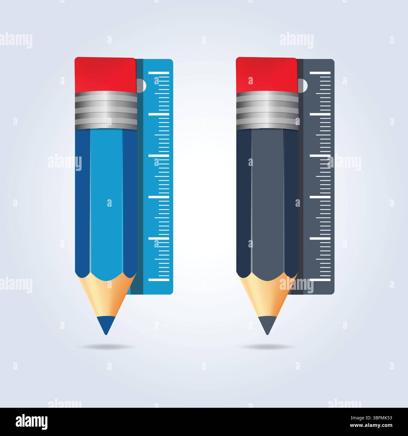Pencils and rulers in two colors with a sharp tip and a red rubber on ...