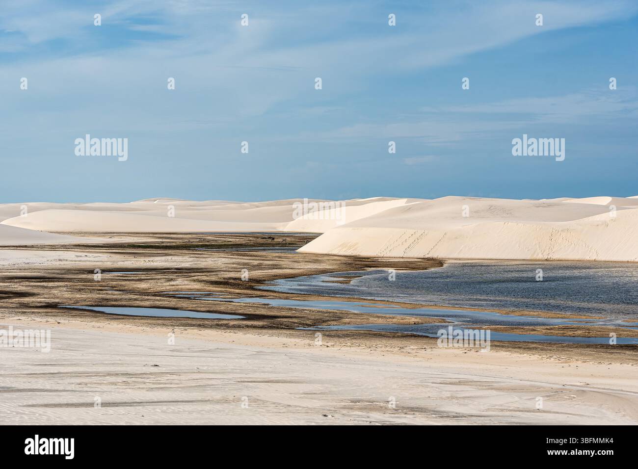 Dunes and lagoons of lagoa bonita, Lencois Maranhenses, Barreirinhas in Brazil. White sand dunes ...