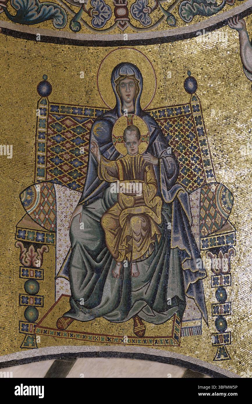 Mosaic of the Virgin Mary enthroned with Child Christ in Florence Baptistery apse, medieval ...