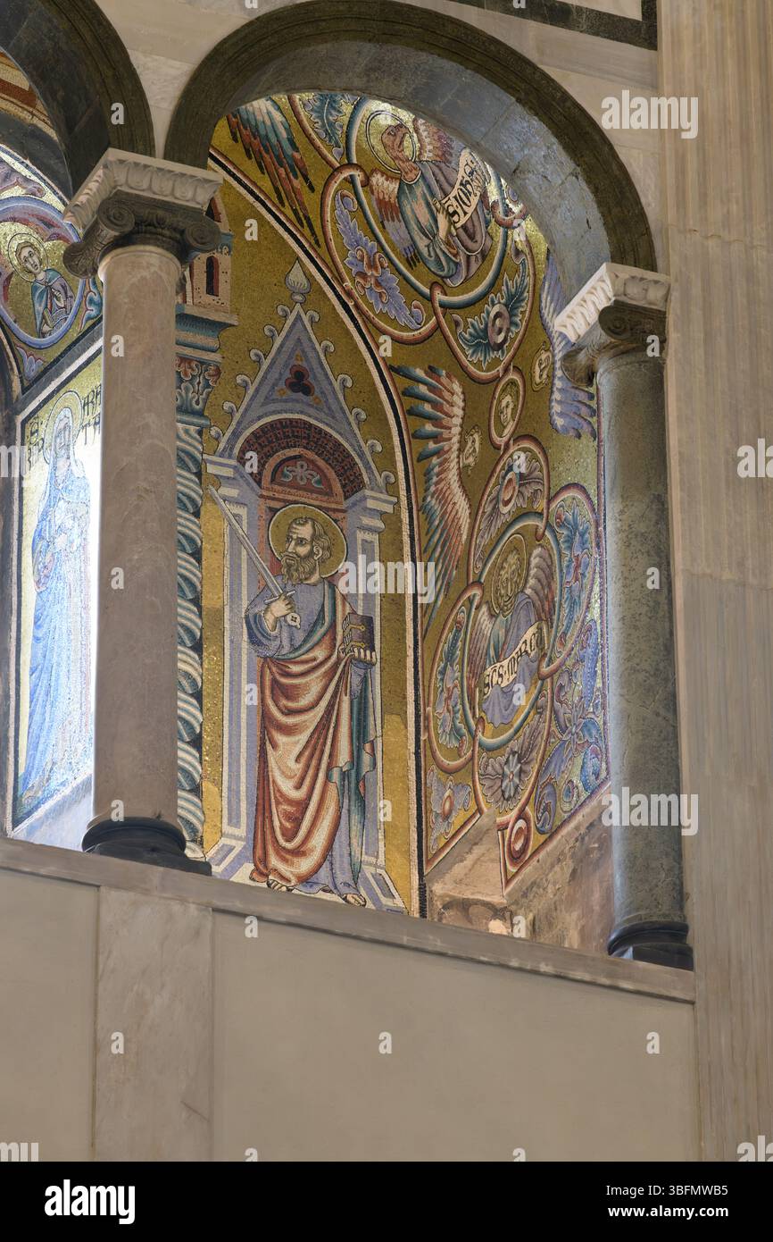 Medieval mosaic of a saint with sword and angelic figures in the ...