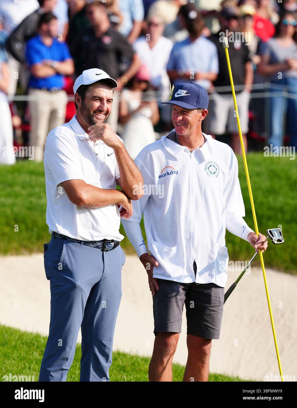 DUBLIN, OH - JUNE 01: PGA golfer Scottie Scheffler talks with his caddy ...