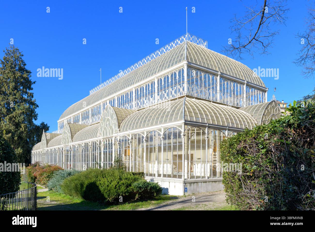 Historic glass and iron greenhouse in the Giardino dell'Orticultura, a ...