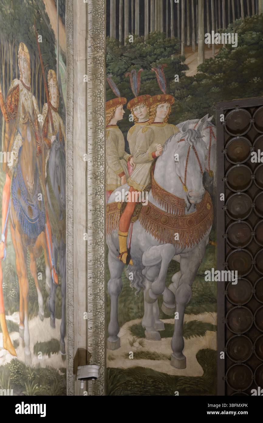 Three young riders in Renaissance costume, detail from Benozzo Gozzoli ...