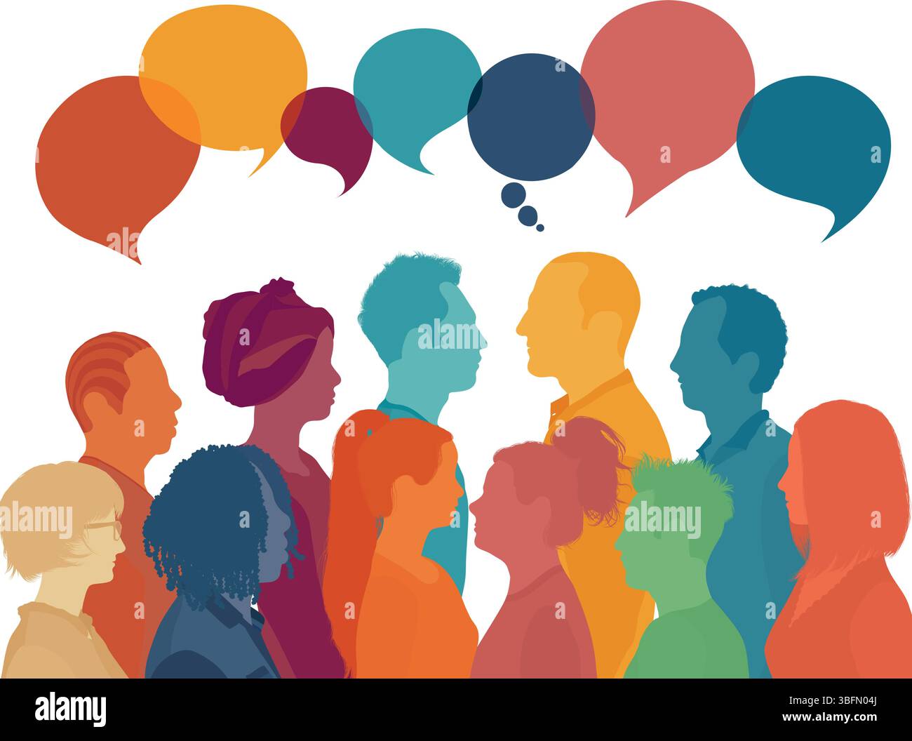 Silhouette heads faces to the side of group of multicultural people ...