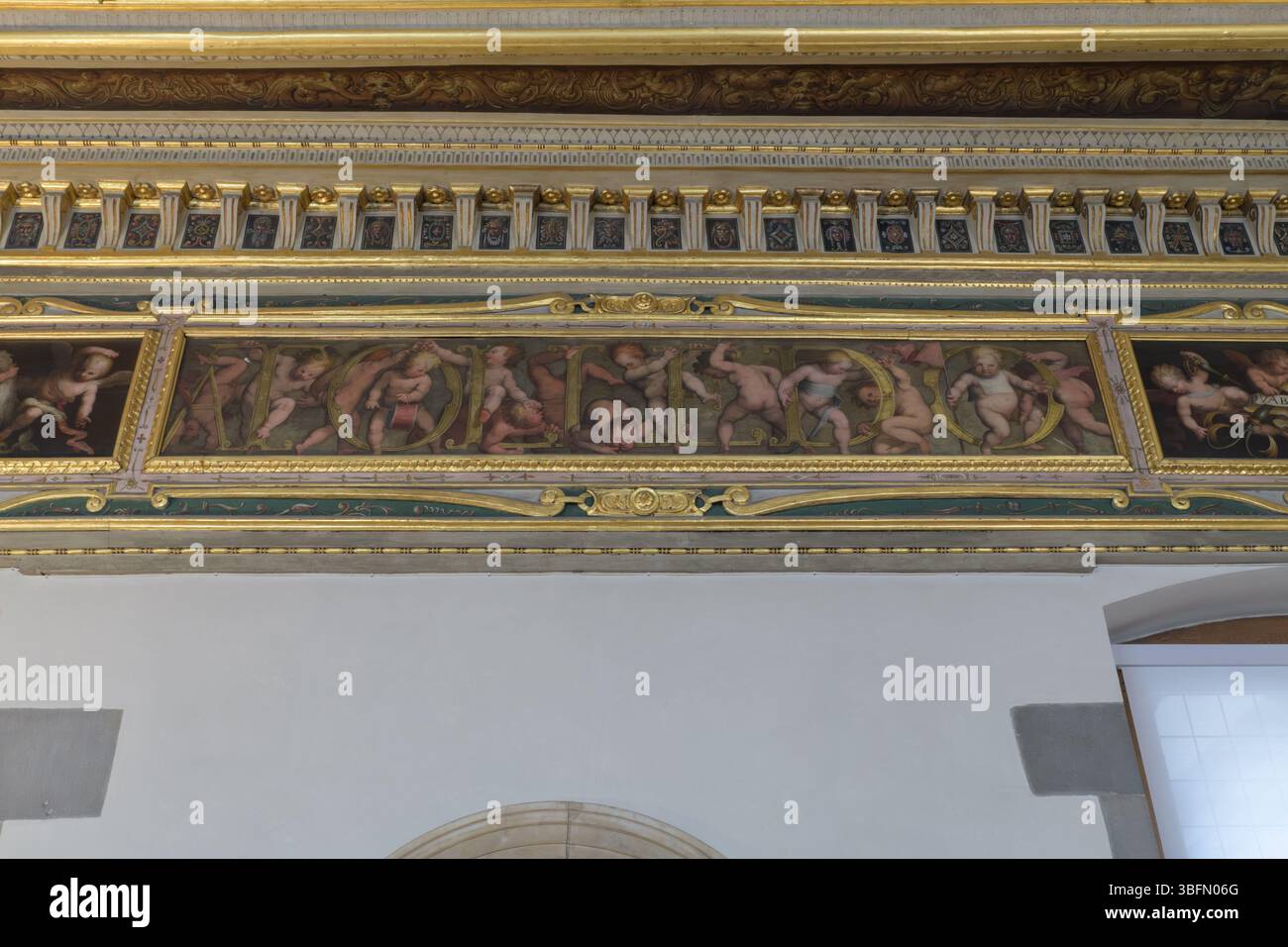 Detail of ceiling frieze painting by Giorgio Vasari depicting putti and ...