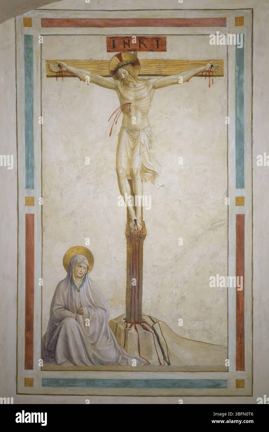 Fra Angelico fresco of the Crucifixion with Christ on the cross and the Virgin Mary mourning ...