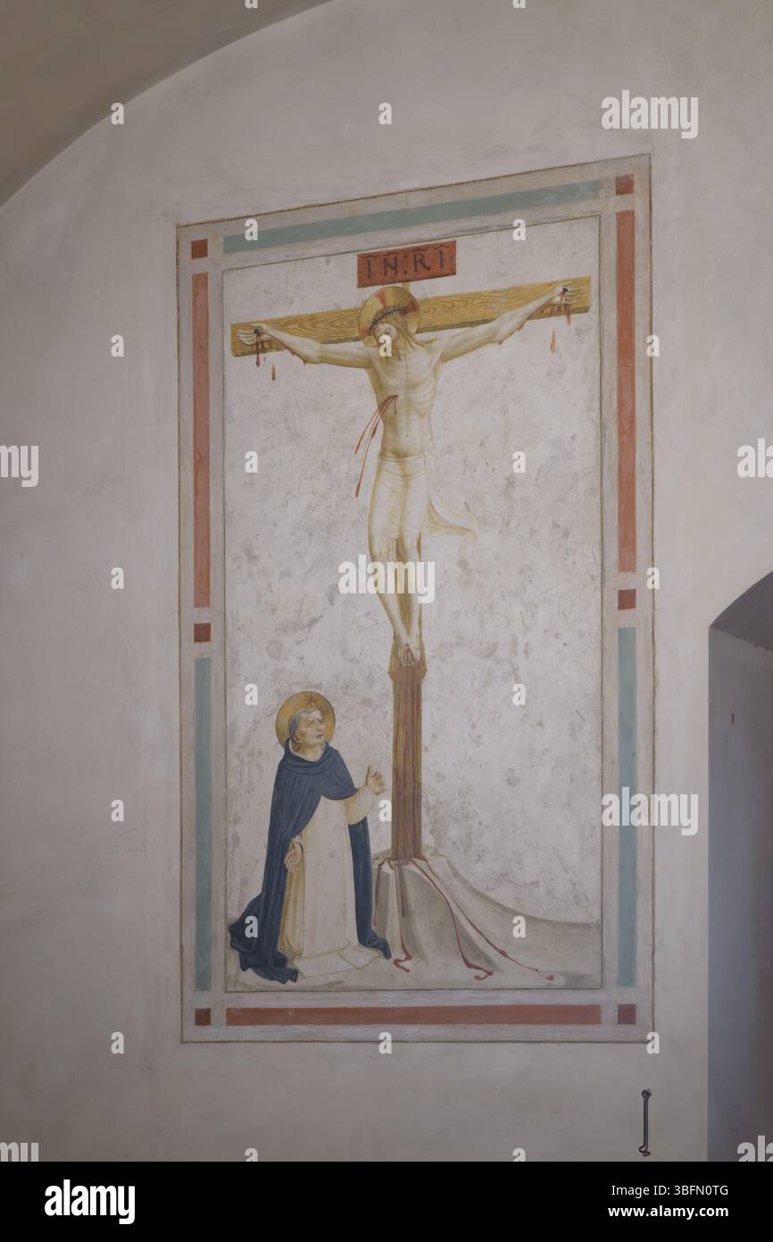Fra Angelico fresco of the Crucifixion with Saint Dominic kneeling at the foot of the cross, San ...