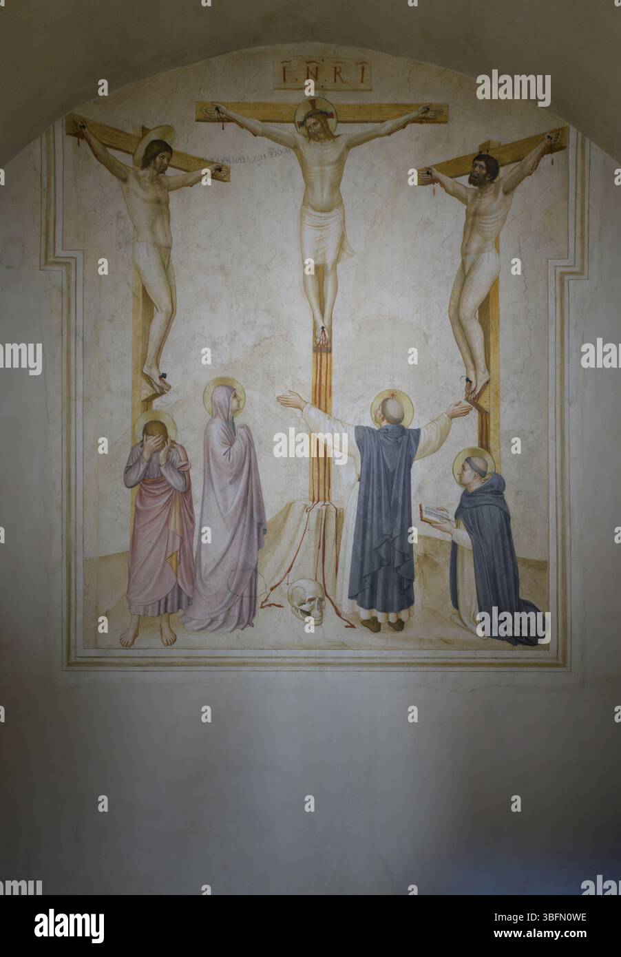 Fra Angelico fresco of the Crucifixion with the two thieves, Virgin Mary, Mary Magdalene, and ...