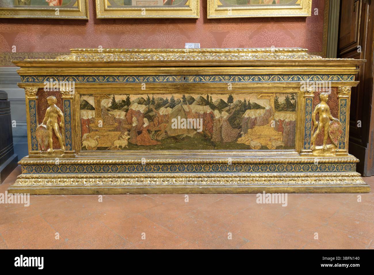 Painted and gilded Renaissance cassone panel with pastoral and ...