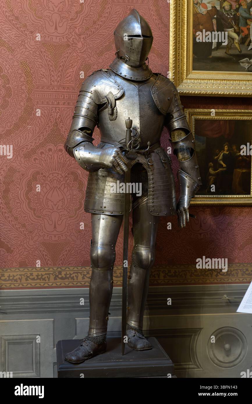 Renaissance-era knight armor with sword on display at Stibbert Museum ...