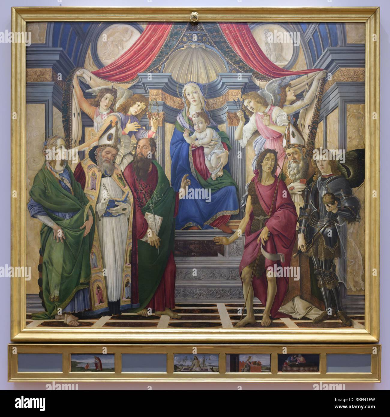 Altarpiece by Sandro Botticelli depicting the enthroned Virgin and Child surrounded by angels ...