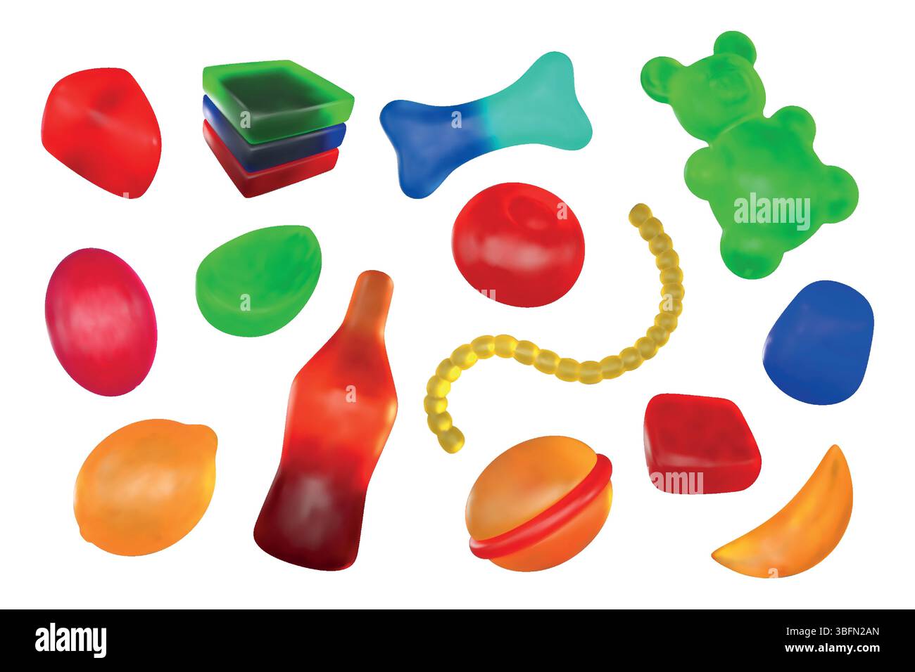 Gummy candy. 3d jelly sweets, cola bottle or fruit soft bubble gum ...