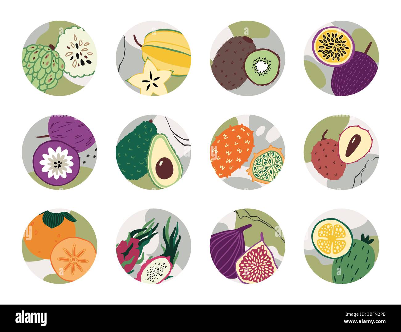 Fruits icons. Creative round stickers. Tropical fresh kiwi, dragon ...